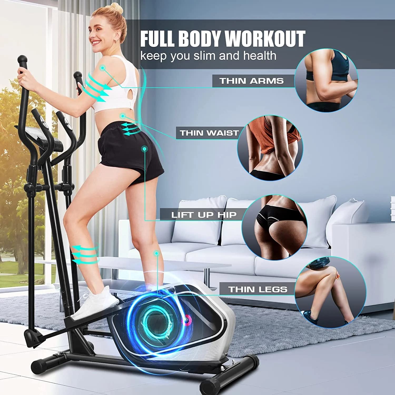 FUNMILY Electric Elliptical Trainers, Elliptical Machine Trainer for Home Use, 16 Levels Resistance, 13 Workout Programs, 390 LB Weight Elliptical Exercise Machine