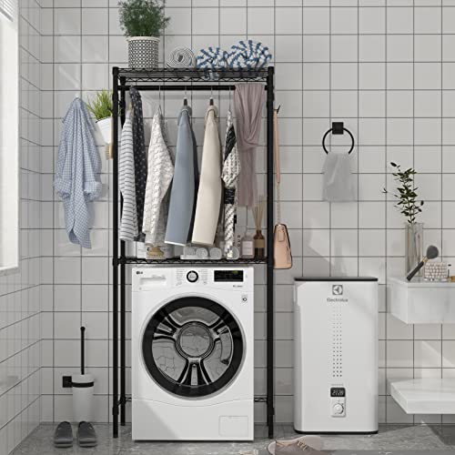 Xiofio Over The Washer and Dryer Storage Shelf 2 Tier Adjustable Height Shelving Units and Side Hook Laundry Shelves Used for Bathroom Bedroom Balcony Drying Rack Towel Rack Handbag Rack ,Black