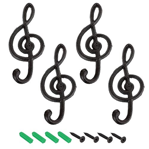 JUXYES Pack of 4 Musical Note Vintage Wall Decorative Hook with Screws, Cast Iron Heavy Duty Wall Garage Hook Music Treble Note Retro Wall Hanger Hook for Robes, Towels, Coats, Bags and Cloths