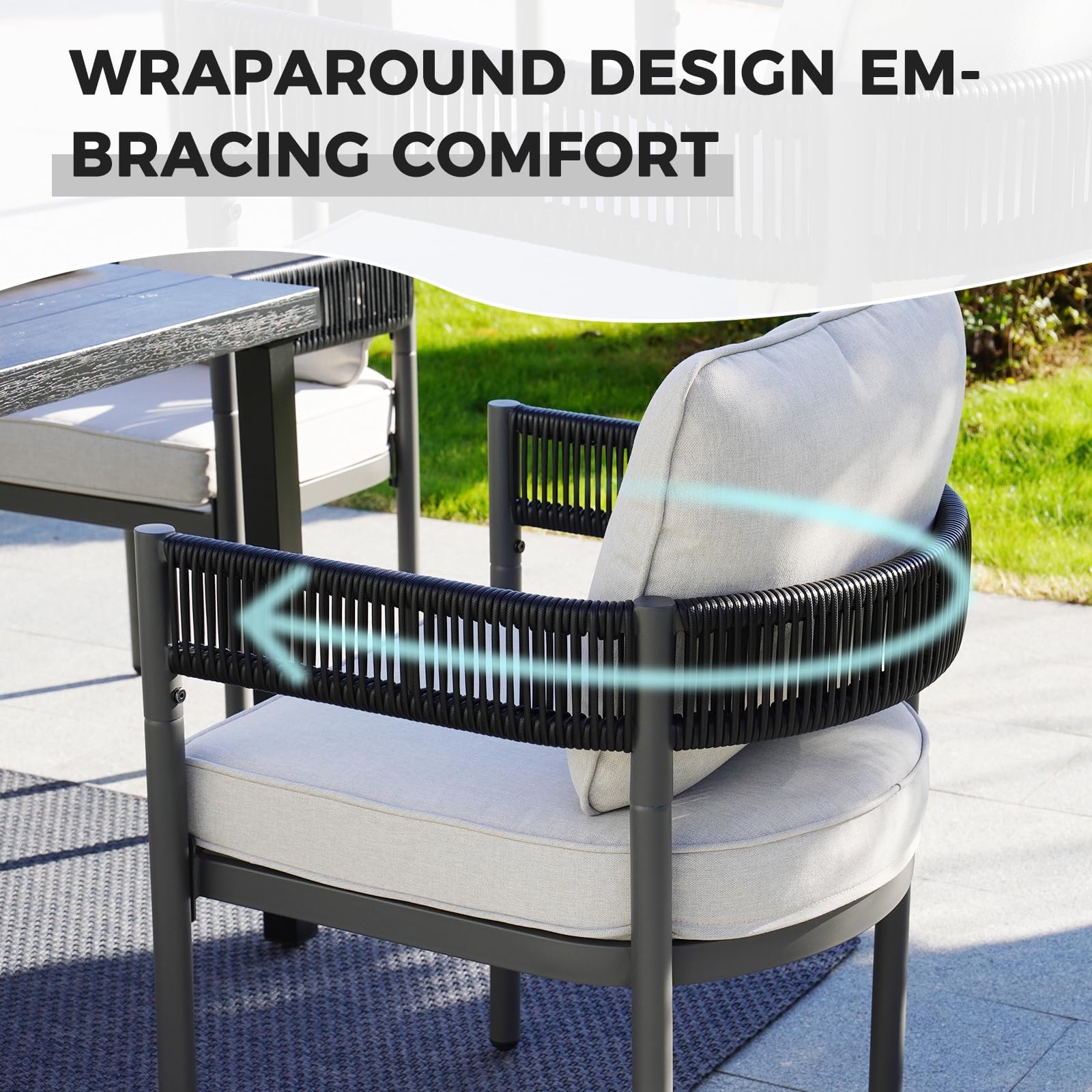 Grand patio 7-Piece Outdoor Dining Set for 6, Grey Metal Black Woven Wicker Fixed Patio Chairs with Thickened Cushions & 1 Rectangular Woodgrain Dining Table with Umbrella for Hole Backyard Deck