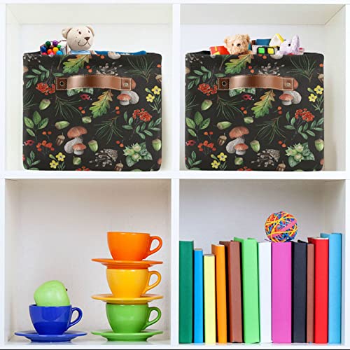 Kigai Collapsible Storage Basket with Handles, Mushroom Leaves Canvas Fabric Storage Bins Toys Clothes Organizer for Bedroom, Nursery, Shelves, Closets (1PACK)