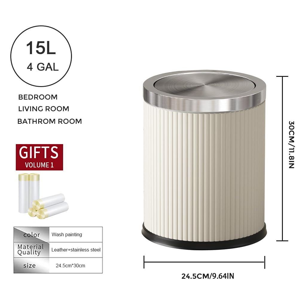 LEASYLIFE Bathroom Trash can with lid,White Trash can,flip top Trash can Bathroom,Garbage cans for Kitchen,Living Room,Bedroom(15L-White-Silver)