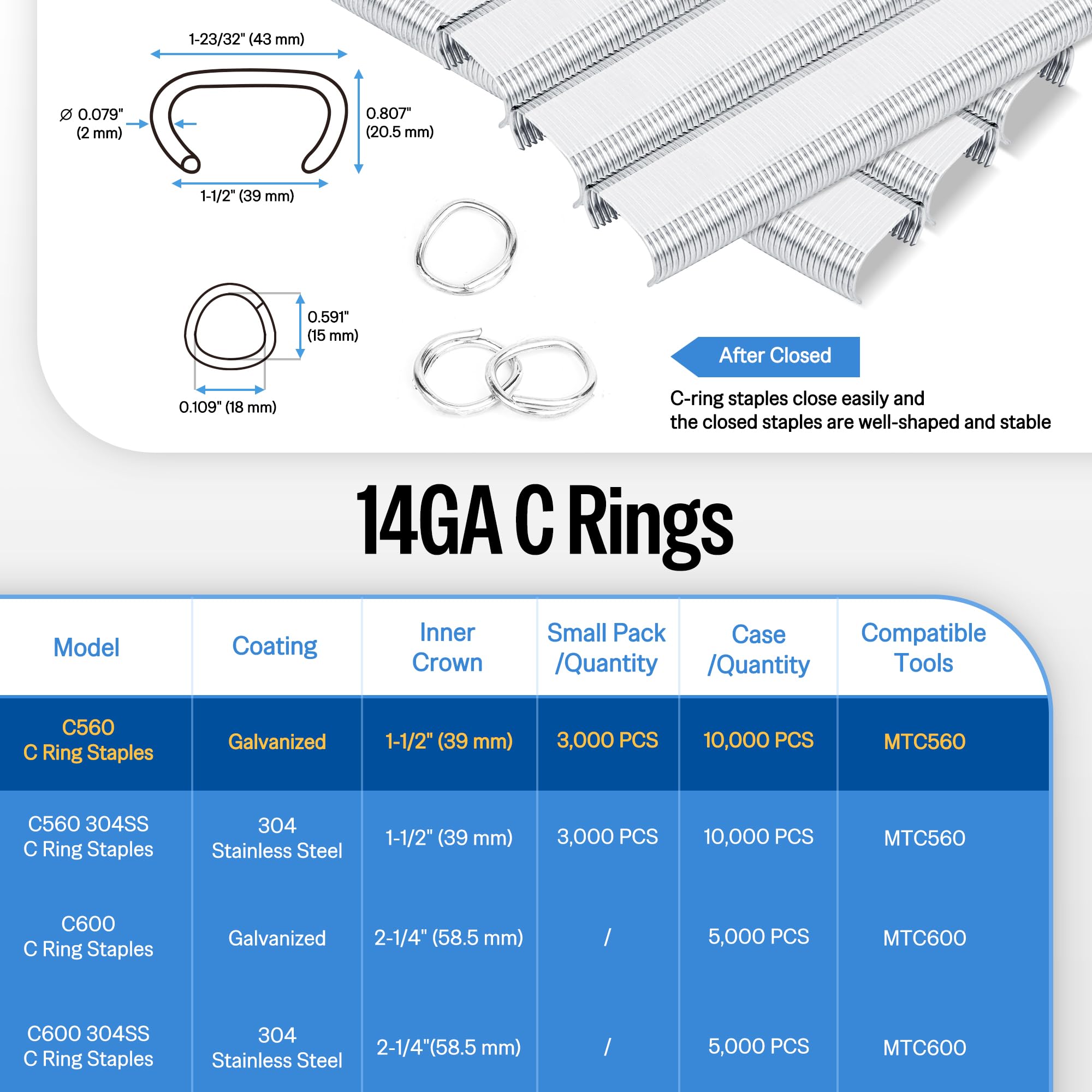 meite C560-14 Gauge 1-1/2-Inch Crown Galvanized C Rings Staples Compatible with MTC560 14GA Hog Ring Plier in Wire Fastening, Building Landscape Gabions (10,000 PCS)