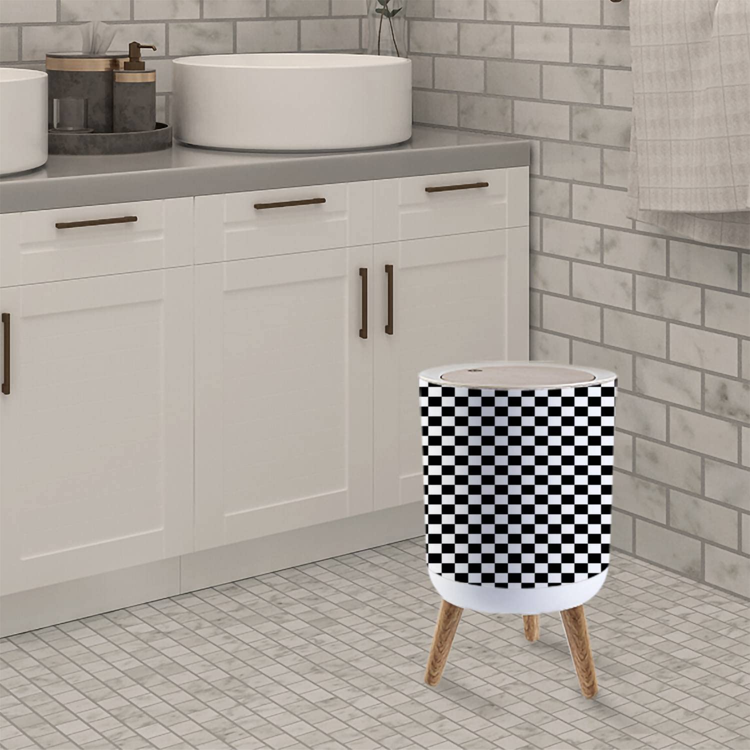 IKFLWJUTFW Small Trash Can with Lid Black and White Checkered Seamless Stock 7 Liter Round Garbage Can Elasticity Press Cover Lid Wastebasket for Kitchen Bathroom Office 1.8 Gallon