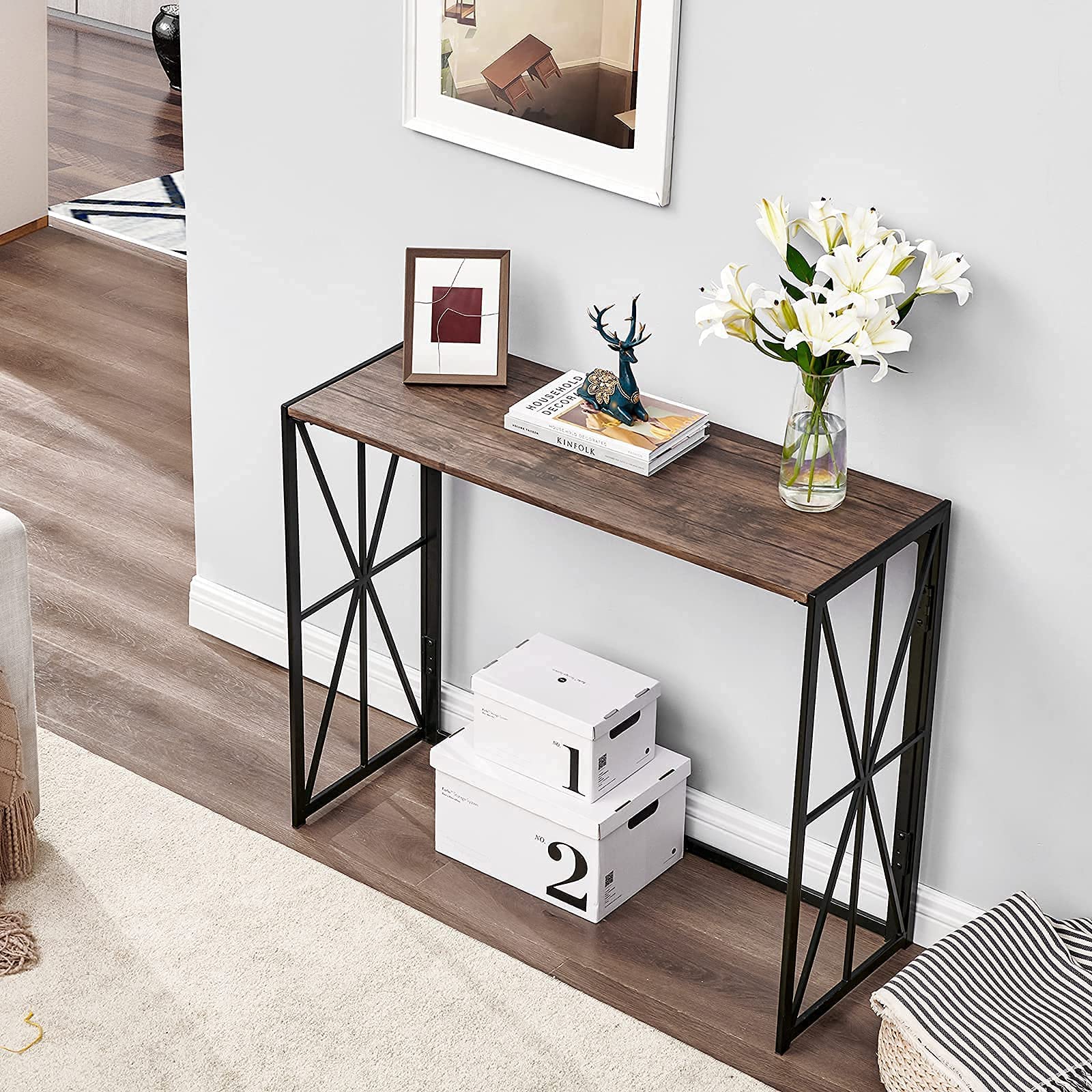 Console Sofa Table for Entryway No Assembly Couch Hallway Wall Table Folding Living Room TV Stand Narrow Entrance Foyer Table Industrial Kitchen Buffet Bar Height Table with Metal X-Frame,Rustic Brown