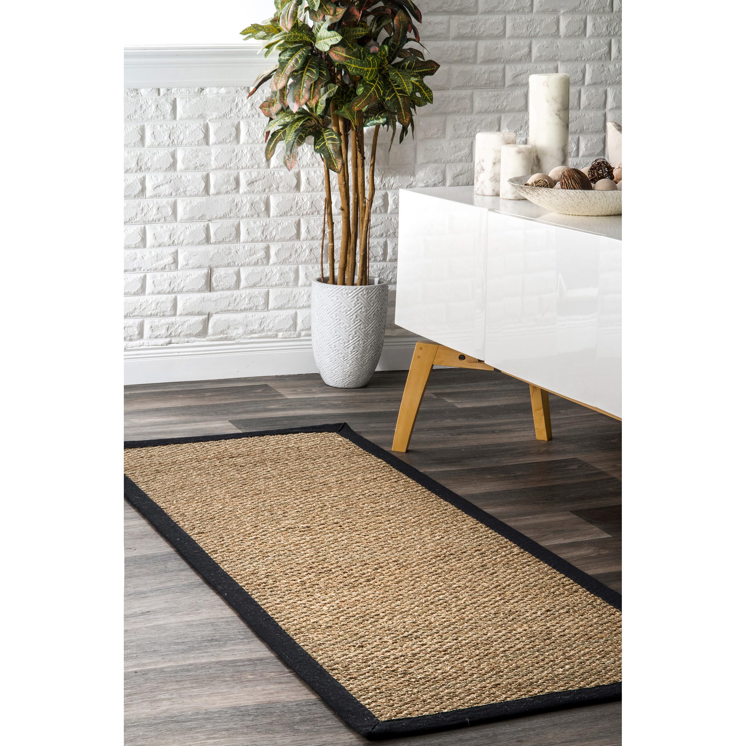 nuLOOM 2'6"x8 Elijah Seagrass Area Rug, Black, Solid Farmhouse Style, Cotton Bordered, Basketweave, Natural Fiber, For Bedroom, Dining Room, Living Room, Hallway, Office, Kitchen, Entryway