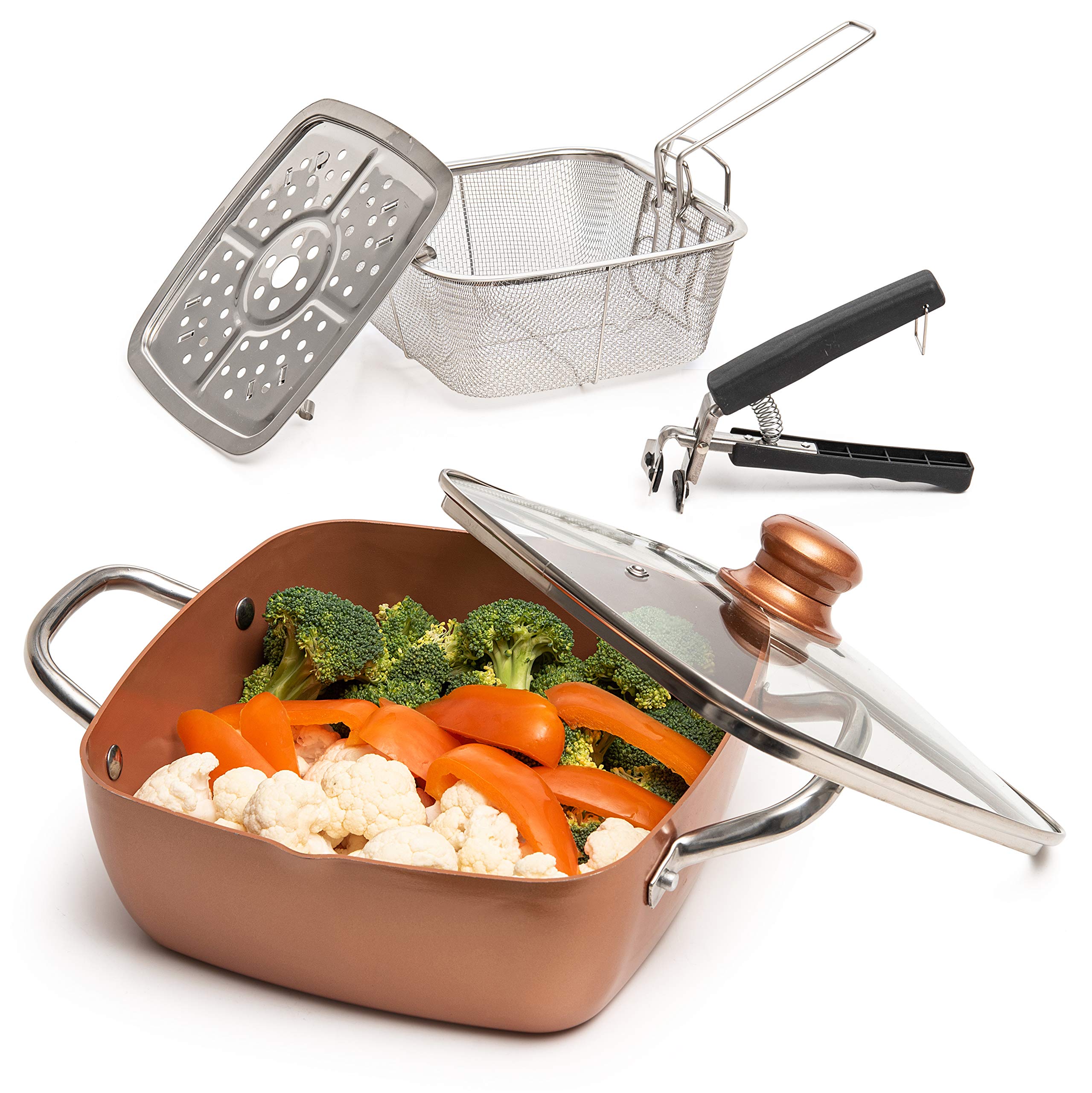 Moss & Stone 5 Pcs Copper Chef Cookware Set, 9.5ā Non Stick Deep Frying Pan, Fry Basket, Steamer Rack, Dishwasher & Oven Safe, 5 Quart Deep Square Pan, Induction Copper Cookware Set - 9.5"x3.5"