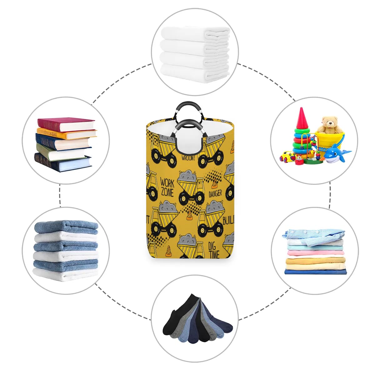 Hokotiba Cartoon Truck Laundry Hamper Baskets, Car Design Laundry Hamper, Collapsible Laundry Baskets, Waterproof Dirty Clothes Bag with Handles for College Dorm Bathroom, Excavator Construction