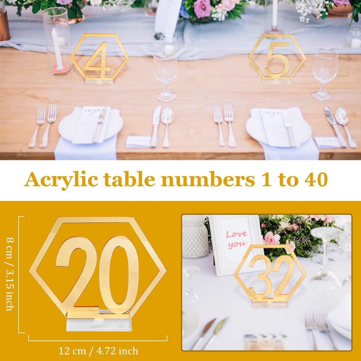Velidy Table Numbers,1-20Wedding Acrylic Standing Table Numbers with Holder Base for Wedding, Party, Events or Catering Decoration (Gold)