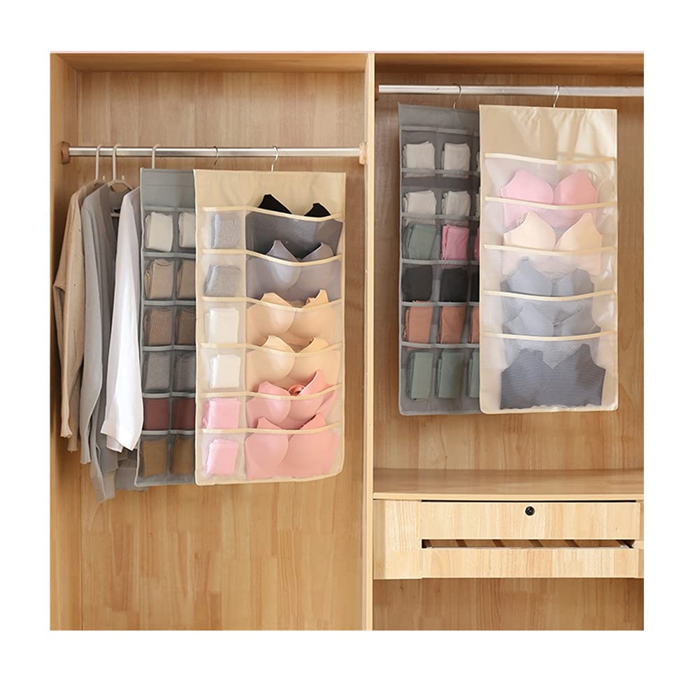 ZHONGLI Hanging mesh Pockets, Oxford Cloth Double-Sided Wardrobe Storage Bags, Used for Underwear, Bras, Socks, Accessories with Hangers (Beige(5+10))