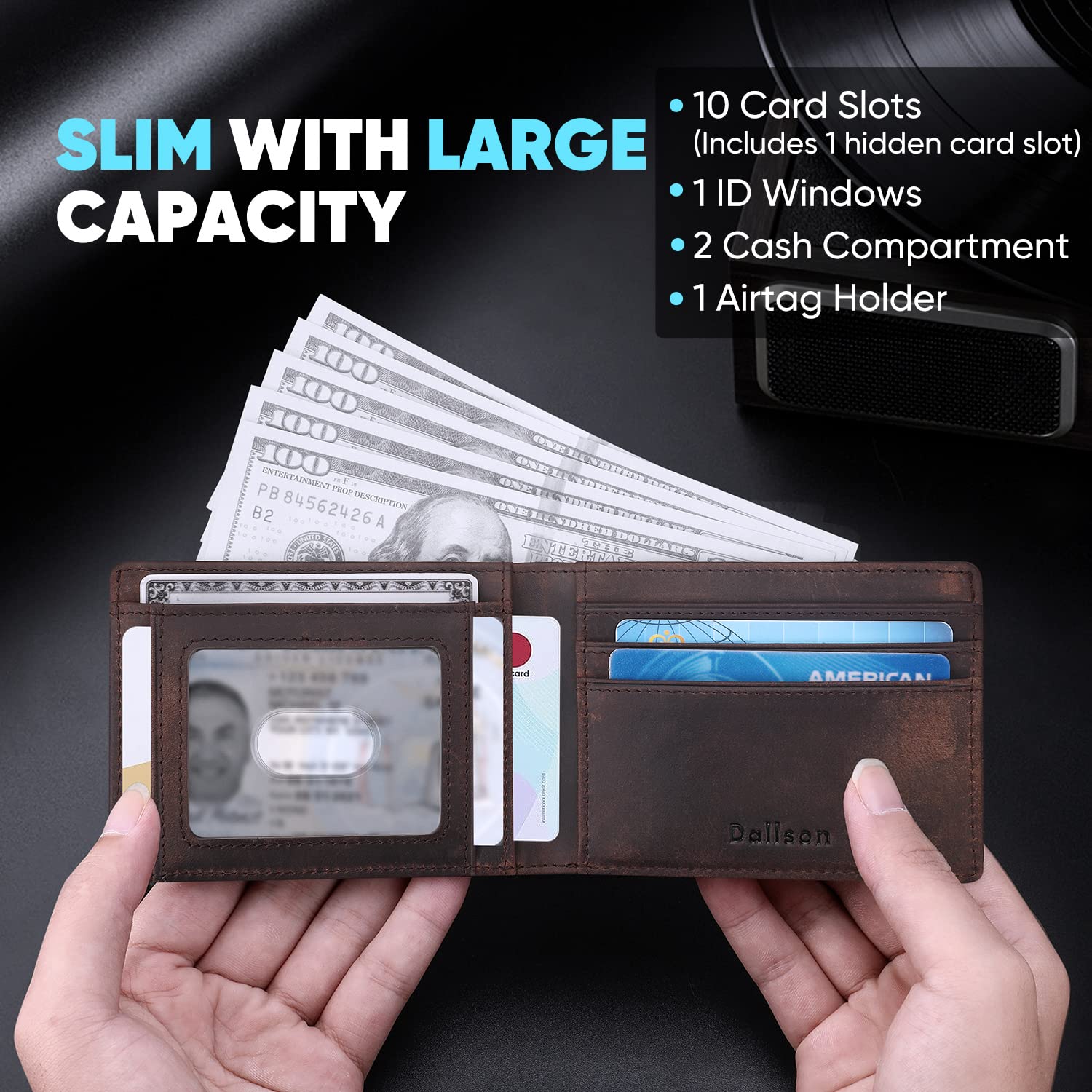Dallson Mens Wallet for Airtag, Bifold Genuine Leather Wallet with Air Tag Holder, 2 ID Window, 10 Card Slot, RFID Blocking, Smart Wallet Compatible with Apple AirTag (Black)