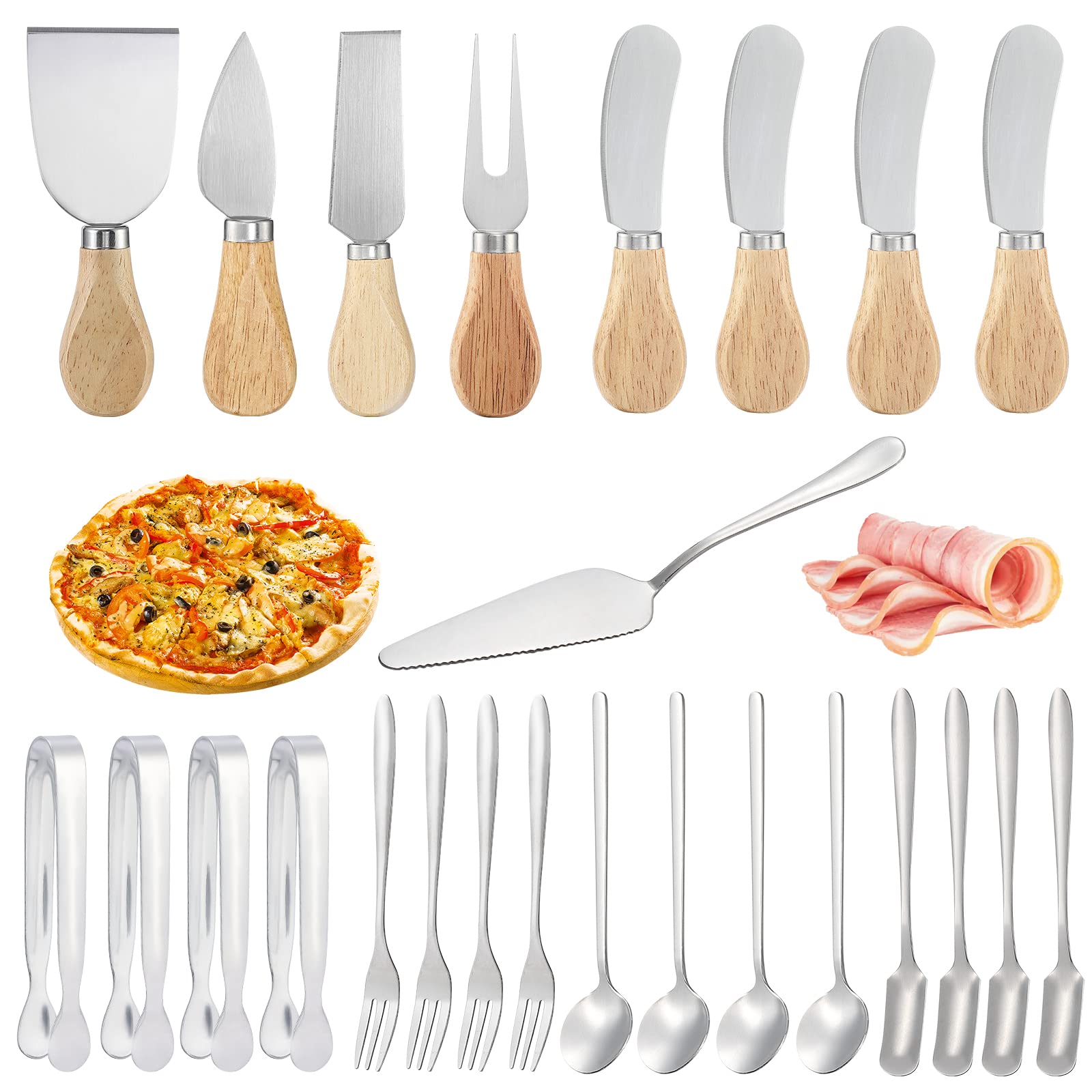 Mother's taste BB Cheese Knife Set 25 PCS Stainless Steel Butter Spreader Knives with Handle Mini Spoons Spatulas Forks Sugar Tongs Blades for Festival Wedding Birthday Christmas Party
