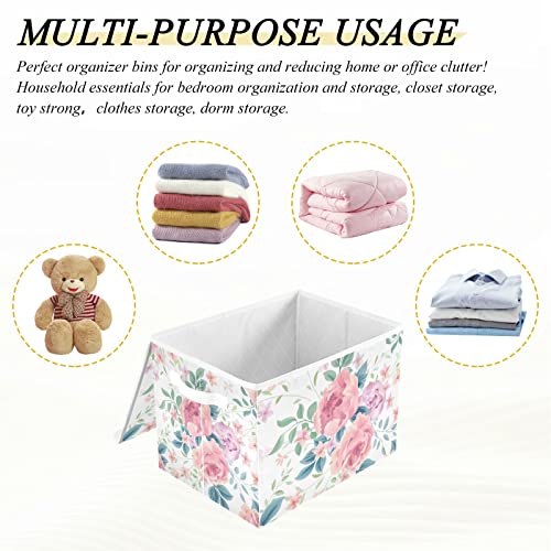 Kigai Storage Basket Pink Rose Flower Floral Storage Boxes with Lids and Handle, Large Storage Cube Bin Collapsible for Shelves Closet Bedroom Living Room, 16.5x12.6x11.8 In