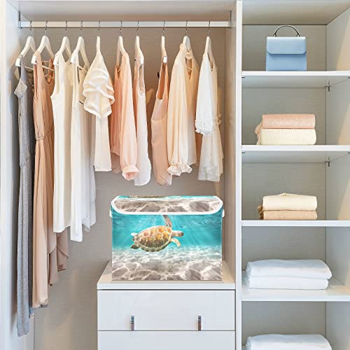 Kigai Storage Basket Underwater Sea Turtle Storage Boxes with Lids and Handle, Large Storage Cube Bin Collapsible for Shelves Closet Bedroom Living Room, 16.5x12.6x11.8 In