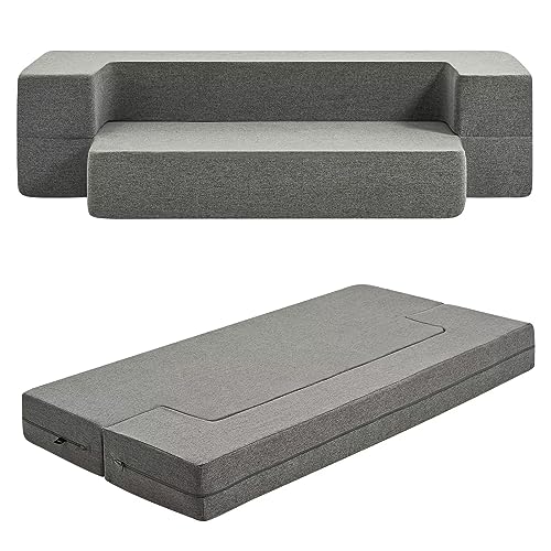 ILPEOD Floor Sofa Bed Futon Couch, Fold Out Couch Bed, Full Size 8 Inch Memory Foam Folding Sofa Bed Couch, Sleeper Convertible Mattress and Frame for Bedrooms Living Room Gaming Bed, Grey