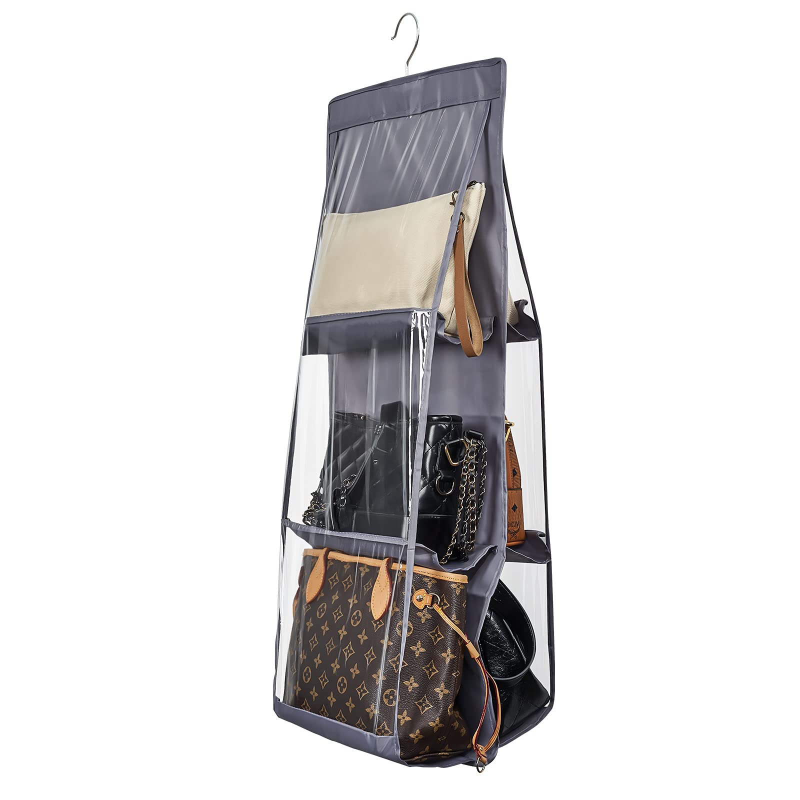Vercord Hanging Purse Organinzer Handbag Tote Hanger Closet Dustproof Storage Bag with Six Pockets Grey