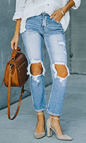 MINGALONDON Ladies Ripped Mom Jeans High Waisted Distressed Stretchy Boyfriend Denim Pants Light Blue L