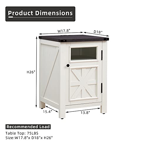 JXQTLINGMU Farmhouse End Table with Charging Station, 18'' Rustic Nightstand with Barn Door & Adjustable Shelf, Wooden Sofa Side Table with 3-Tier Storage for Living Room, Bedroom, White