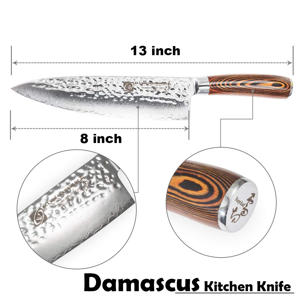Damascus Chef Knife with VG10 Super Steel Core, Professional 67-layer Handmade 8" PAKKA Wood Handle Damascus Chefs Knife