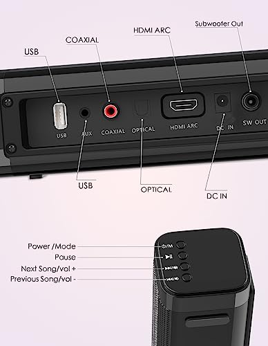 Puxinat 2 in 1 Separable Sound Bars for TV with Subwoofer, Bluetooth 5.0 Surround Sound System for Home Theater, ARC/Optical/Aux/USB TV Speaker, Treble/Bass Adjust, 10 EQ Modes, Remote Included