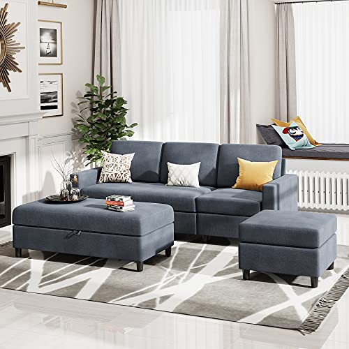 JY QAQA Convertible Sectional Sofa Couch with Long Storage Ottoman,L-Shaped Modular Couch with Modern Linen Fabric Wide Reversible Chaise for Small Space