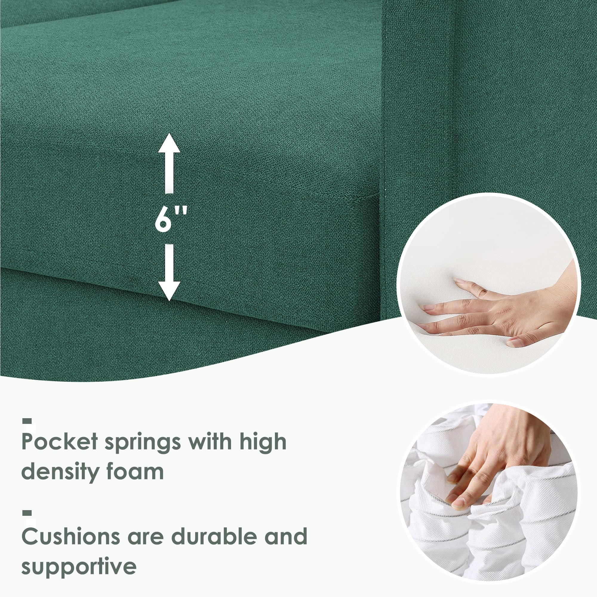 Jintop 90Inch Terrycloth Modern 5-Seat Practical Sectional Sofa with Chaise, L-Shape Wood Indoor Couch with 3 Pillows,for Dorm,Apartment,Studio,Office,Lounges,Green