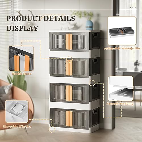 YESHOMY Storage Bins with Lids, 8.4 Gal Clear Plastic Collapsible Containers, Equipped with Door, Stackable Storage Box with Latching Buckles & Wheel, Organizer for Clothes, Toys, Foods, 4 Pack