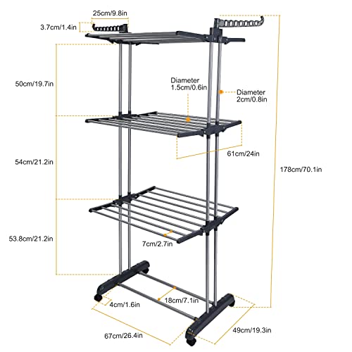 iMounTEK Clothes Drying Rack, Oversize 3-Tier Drying Rack Clothing (70" Height) Rolling Clothes Rack Laundry Drying Rack Clothing Drying Rack Garment Dryer Stand with 2 Side Wings