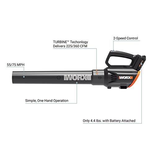 WORX Cordless Leaf Blower 20V WORXAIR Turbine Blower WG547.2 for Lawn Care Yard Work, 2 Variable Speed Control, 1 * 4.0 Ah Battery & Charger Included