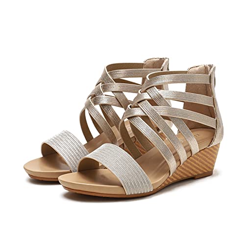 FASDNENDYS Women Wedge Strap Sandals Summer Boho Shoes Comfortable Open Toe Elastic Strap Sandals Bling Summer Sandals for Women