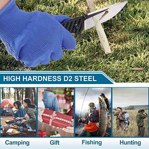 Folding Pocket Knife, Pocket Knives Carbon Fibers Handle, High Hardness D2 Blade With Clip and Liner Lock,Camping Knife for EDC, Fishing, Camping and Outdoor Activities-Good for Men Gift