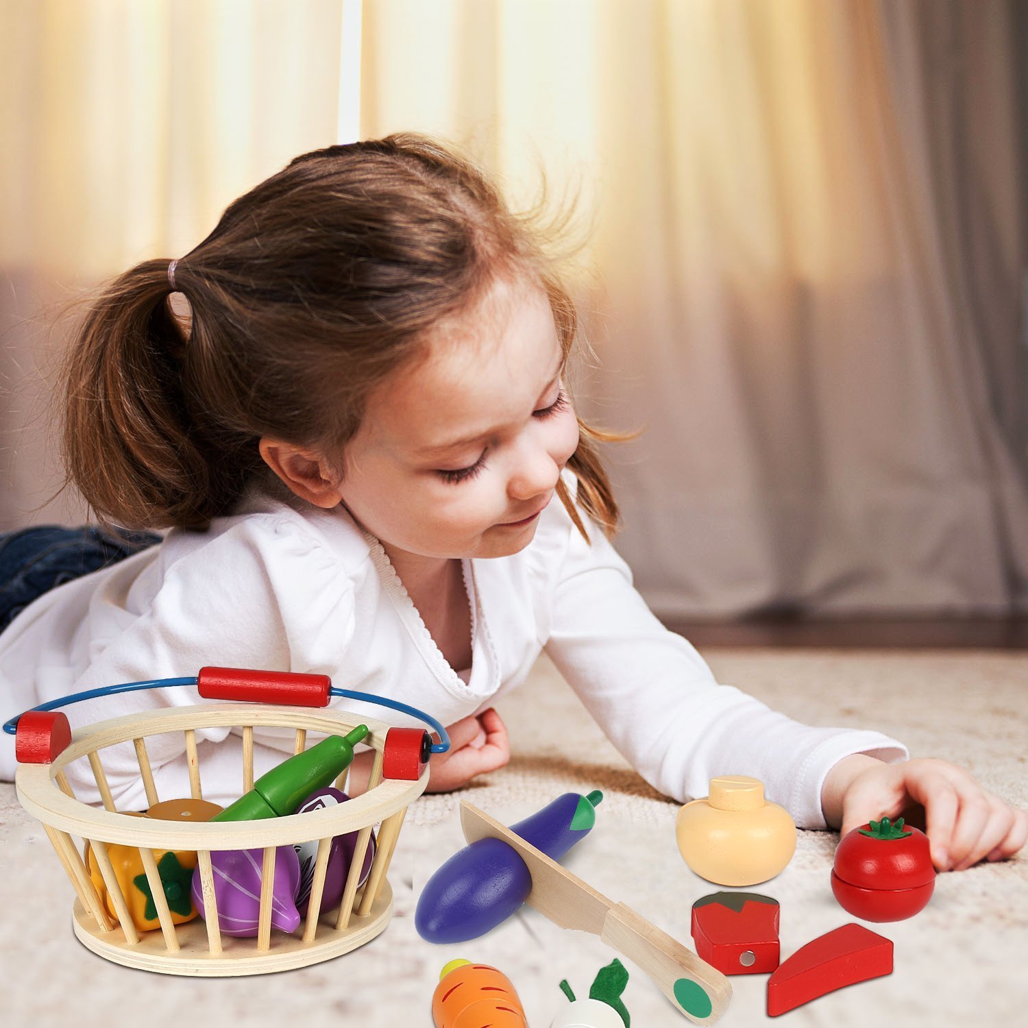 Victostar Magnetic Wooden Cutting Fruits Vegetables Food Play Toy Set with Basket for Kids