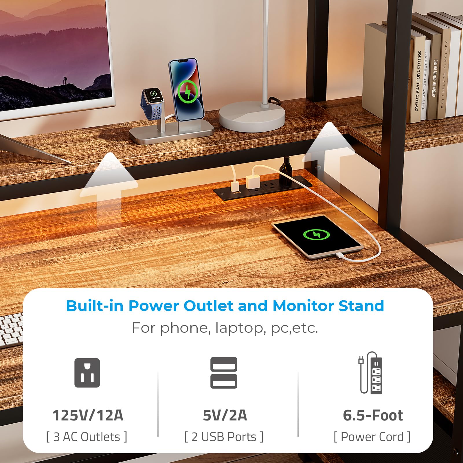 GreenForest Office Desk with Power Outlets and Printer Shelf, 68.8 inch Computer Desk with LED and Drawer, Reversible Gaming Desk with Storage for Home Study Working,Walnut