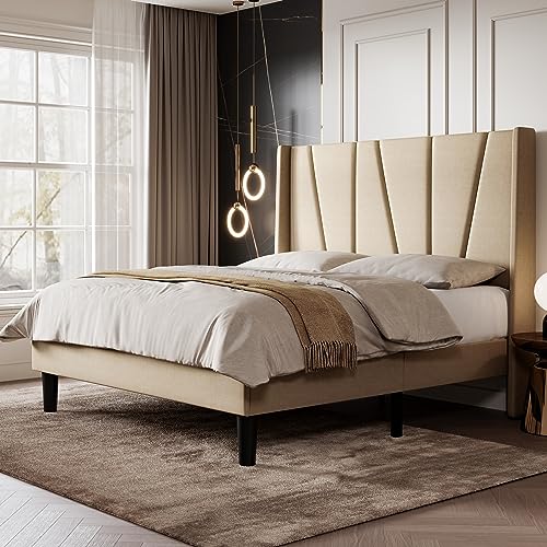 SHA CERLIN Queen Bed Frame, Upholstered Platform Bed with Geometric Headboard and Wingback, Wood Slat Support, No Box Spring Needed, Beige