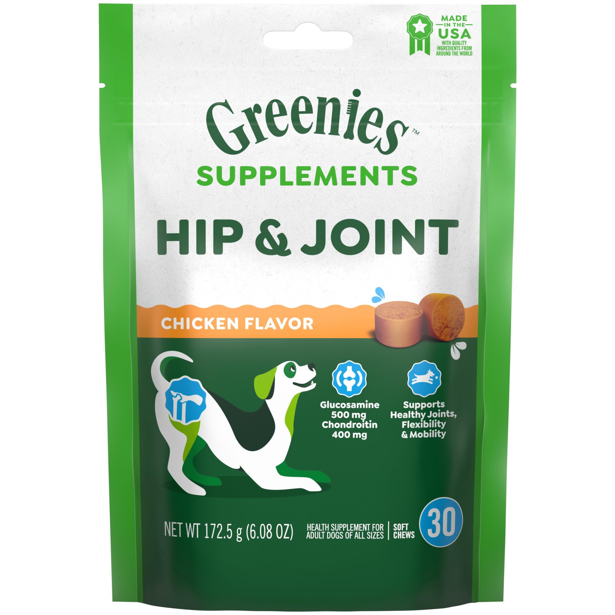 Greenies Chicken Flavor Hip and Joint Supplement Soft Chews for Dogs, 6.08 oz., Count of 30