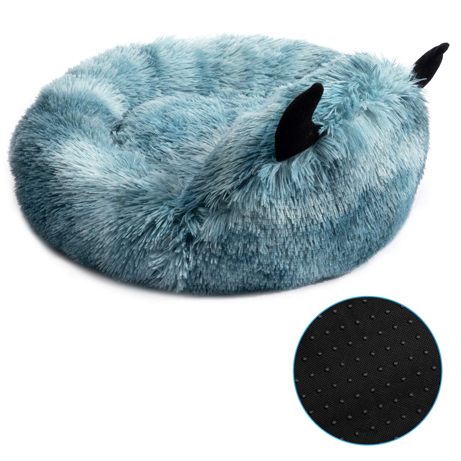 Hollypet Self-Warming Donut Pet Bed Round Faux Fur Luxury Cozy Cat Nest Monster Sleeping Bed for Cats and Dogs, Blue, Medium