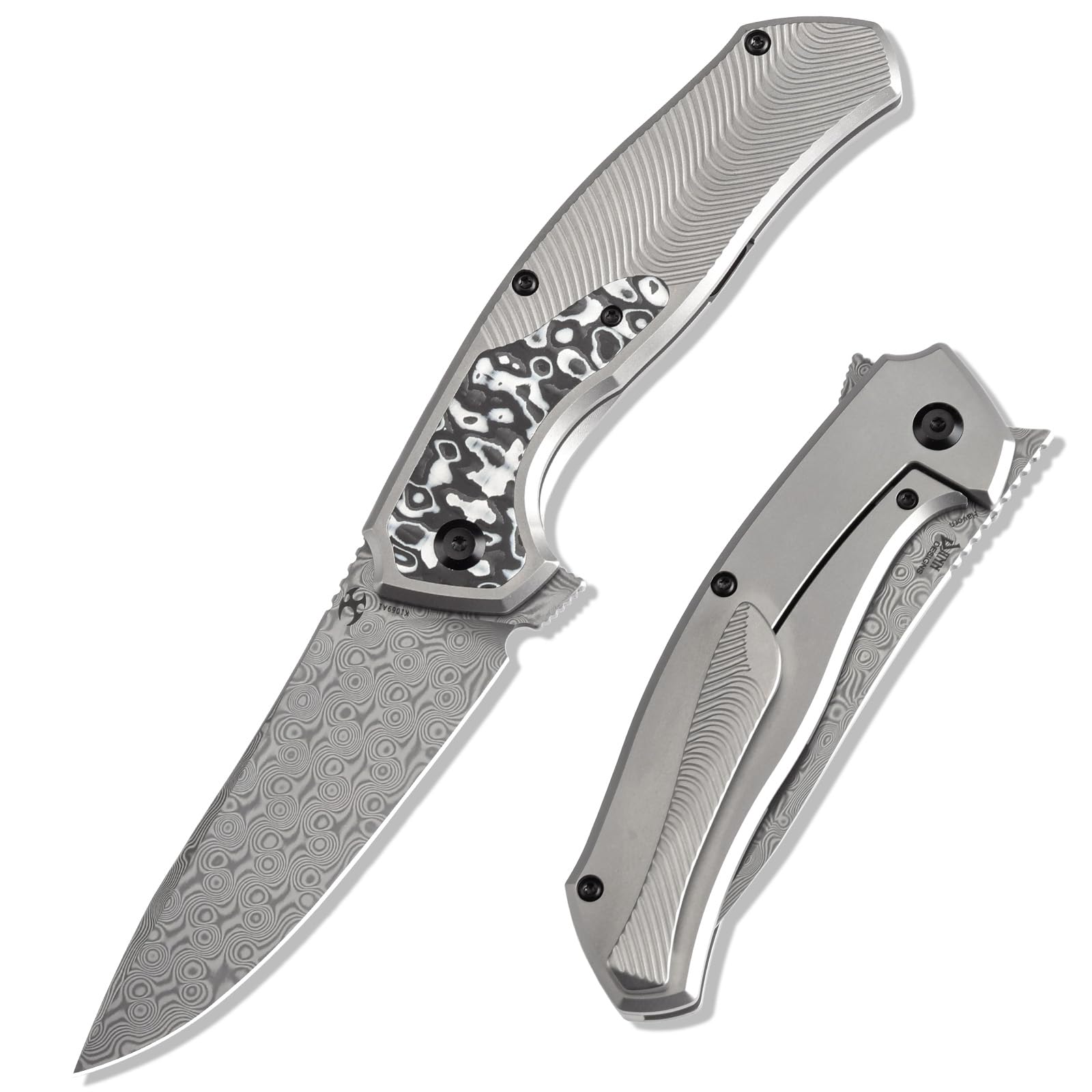 KANSEPT HAVĂRN Pocket Folding Knives for Men Women Camping Hiking Folding Knife 3.48'' Damascus Blade Pocke Knife with Titanium Black and White Carbon Fiber Inlay Handle Everyday Carry K1069A1