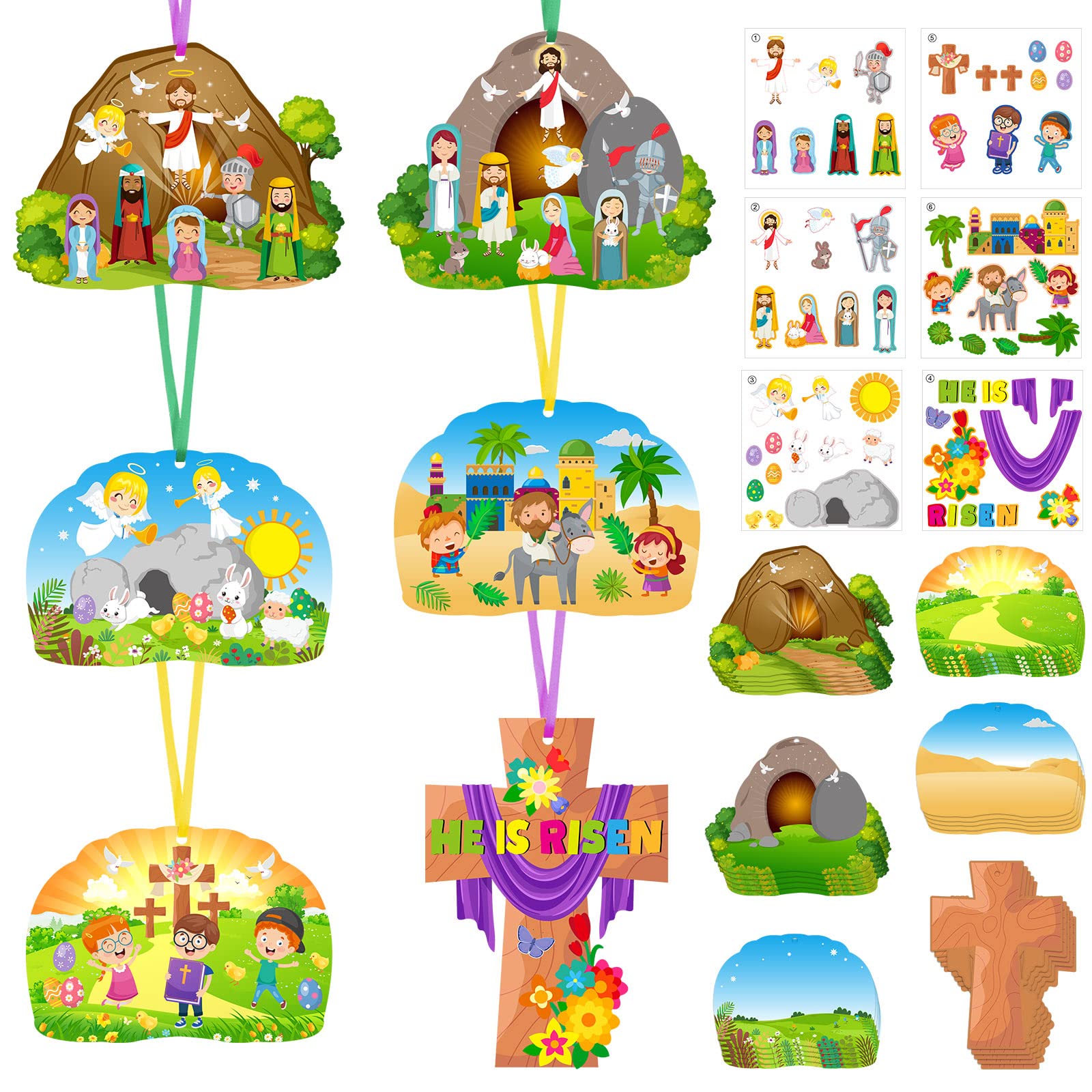 Funrous Easter Scene Hanging Ornaments Craft Kit for Kids, 48 Pack Religious Cardboard DIY Ornaments, 6 Styles, Interactive Teaching Tool, Church Party Decorations