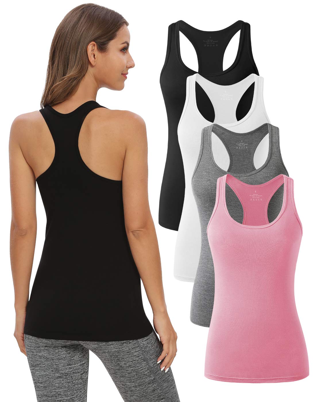 Cosy Pyro Workout Tank Tops for Women Racerback Yoga Tanks Basic Athletic Activewear-4 Packs Black/White/Gray/Pink M