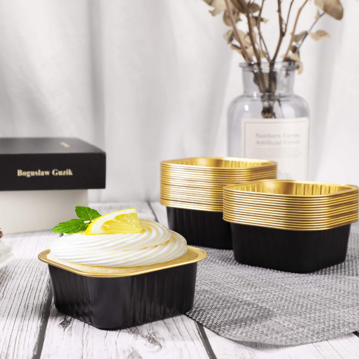 EUSOAR Cupcake Liners with lids, 5oz 50pcs Square Disposable Desserts Flan, Baking Cups with Lids, Aluminum Foil Cupcake Flan, Muffin Liners, Custard Cake Cups, Catering Gathering Favor-Black Gold