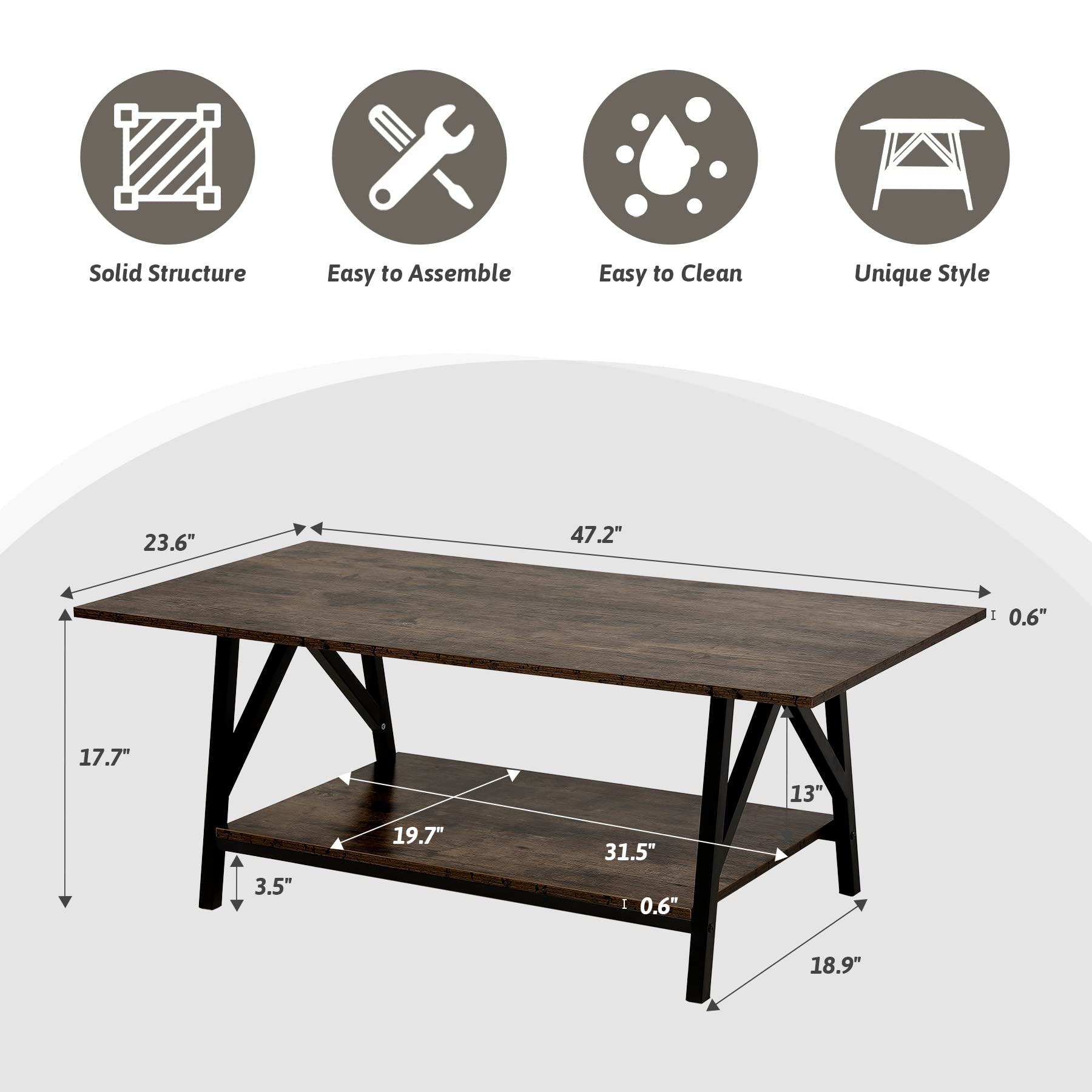 CO-Z 47" Industrial Coffee Table with Storage Shelf, Wood and Metal Legs for Living Room, 2-Tier Accent Cocktail Table, Easy Assembly, Rustic Brown