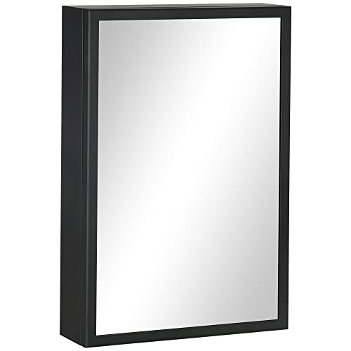 kleankin Wall-Mounted Medicine Cabinet with Mirror, Stainless Steel Bathroom Mirror Cabinet Wall Mounted with Storage Shelves for Living Room and Laundry Room, Black