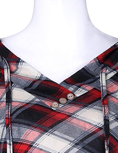 Miusey Knit Hoodie Women,Long Sleeve V Neck Plaid Patchwork Hoodie Polyester Form Fitting Thin Sweatshirt Decorative Wooden Buttons Pocket Fashion Sweaters for Women Black M