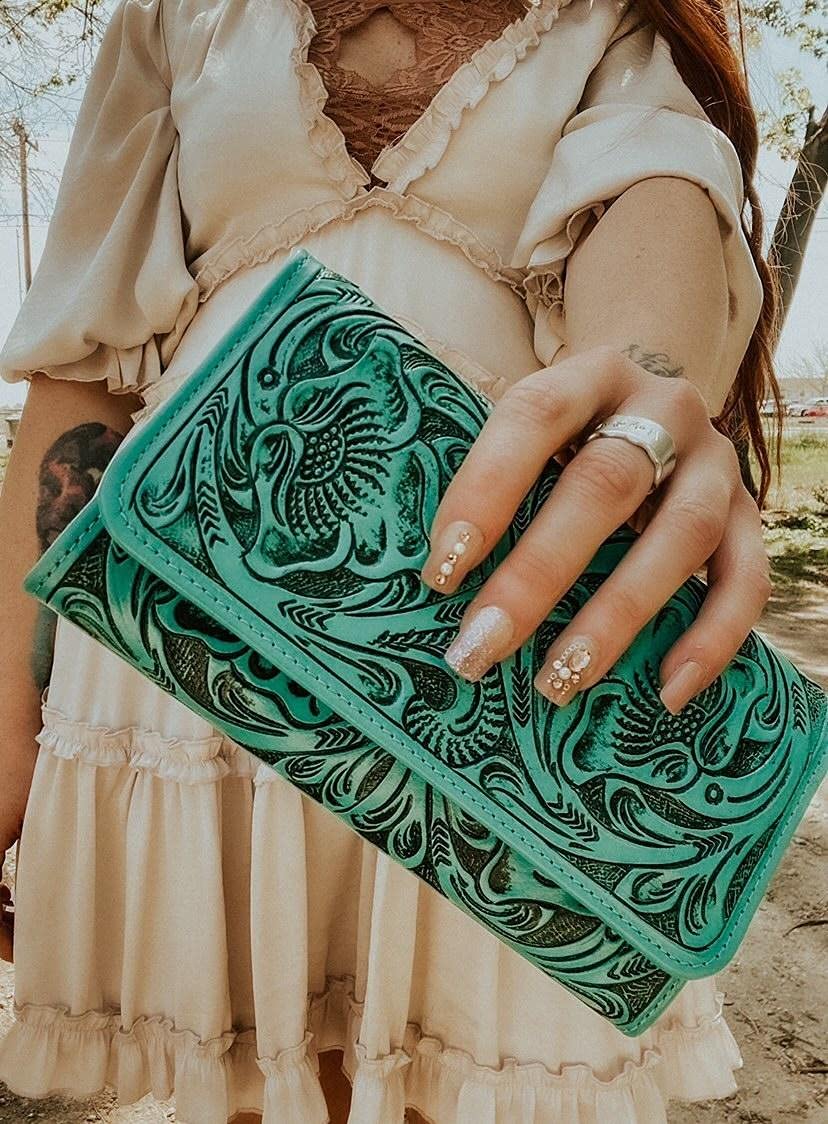 Virginia Handbags Handmade Womens Wallet. Rich and Deep Hand Tooling. (Turquoise)
