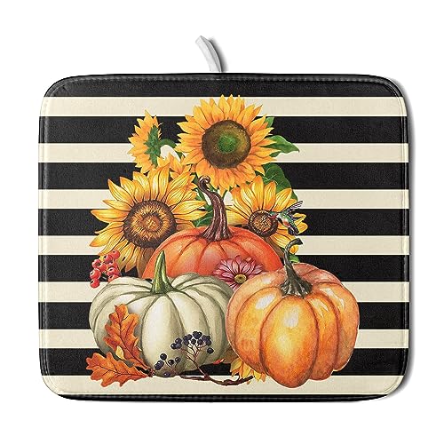 Sunflower Pumpkin Dish Drying Mat for Kitchen Counter,Black and White Stripe Drying Mat 16 x 18 Inch with Absorbent Reversible Microfiber Dish Drying Pad Dish Rack Drainer Mat for Coffee Bar