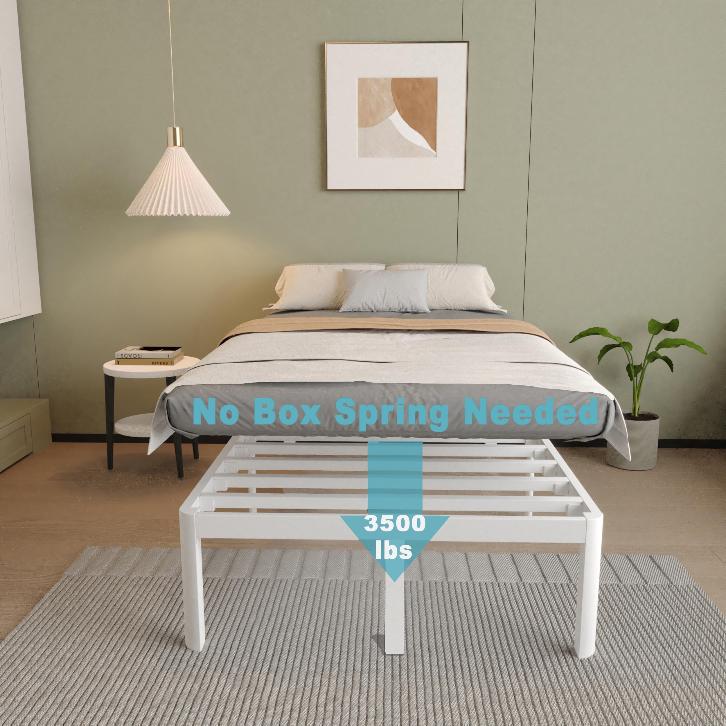 ITIMIDI 16 Inch White Bed Frame Queen, Queen Size Metal Platform Bed Frames with Round Corner Legs, Heavy Duty Steel Support 3500 LBS, Storage Space, No Box Spring Needed, Noise Free, Easy Assembly