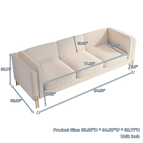 Kadway Mid-Century Modern Sofa Couch for 3-4 Persons, 95" Velvet Sofa with Gold Legs Large Load Upholstered 3 Seater Couches Sectional Couch Deep Seat Sofa for Living Room Office Beige