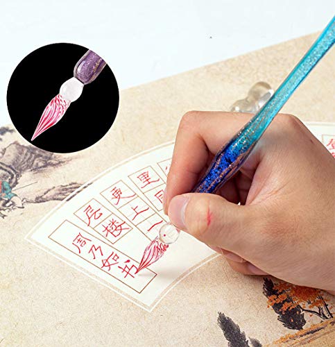 XIAOYU 15 Pieces Glass Dip Pen Set, Handmade Starry Sky Calligraphy Pen and 12 Bottle Inks, Calligraphy Set for Beginners, Lake Blue