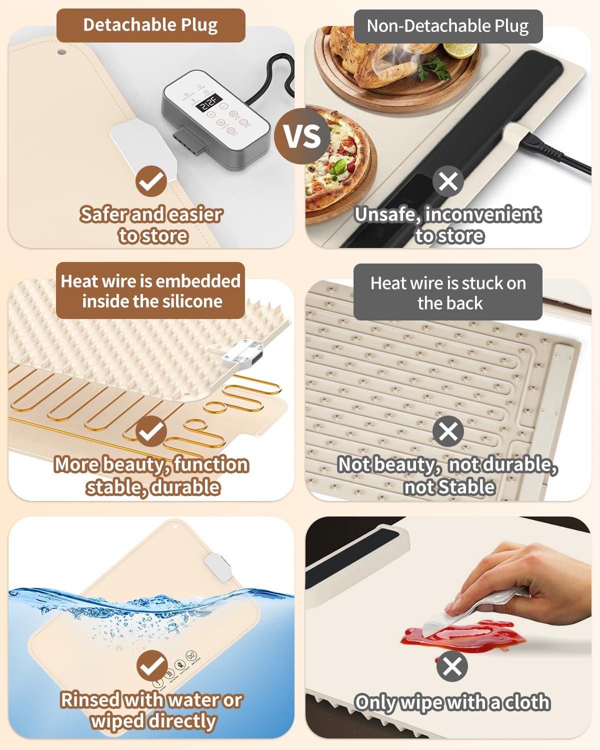 Food Warming Mat - Electric Warming Tray Full Surface Heating with Detachable Plug, Adjustable Temperature and 12 Hours Timer, Roll Up Food Warmers for Parties Buffet, Gathering, Holiday(Beige)