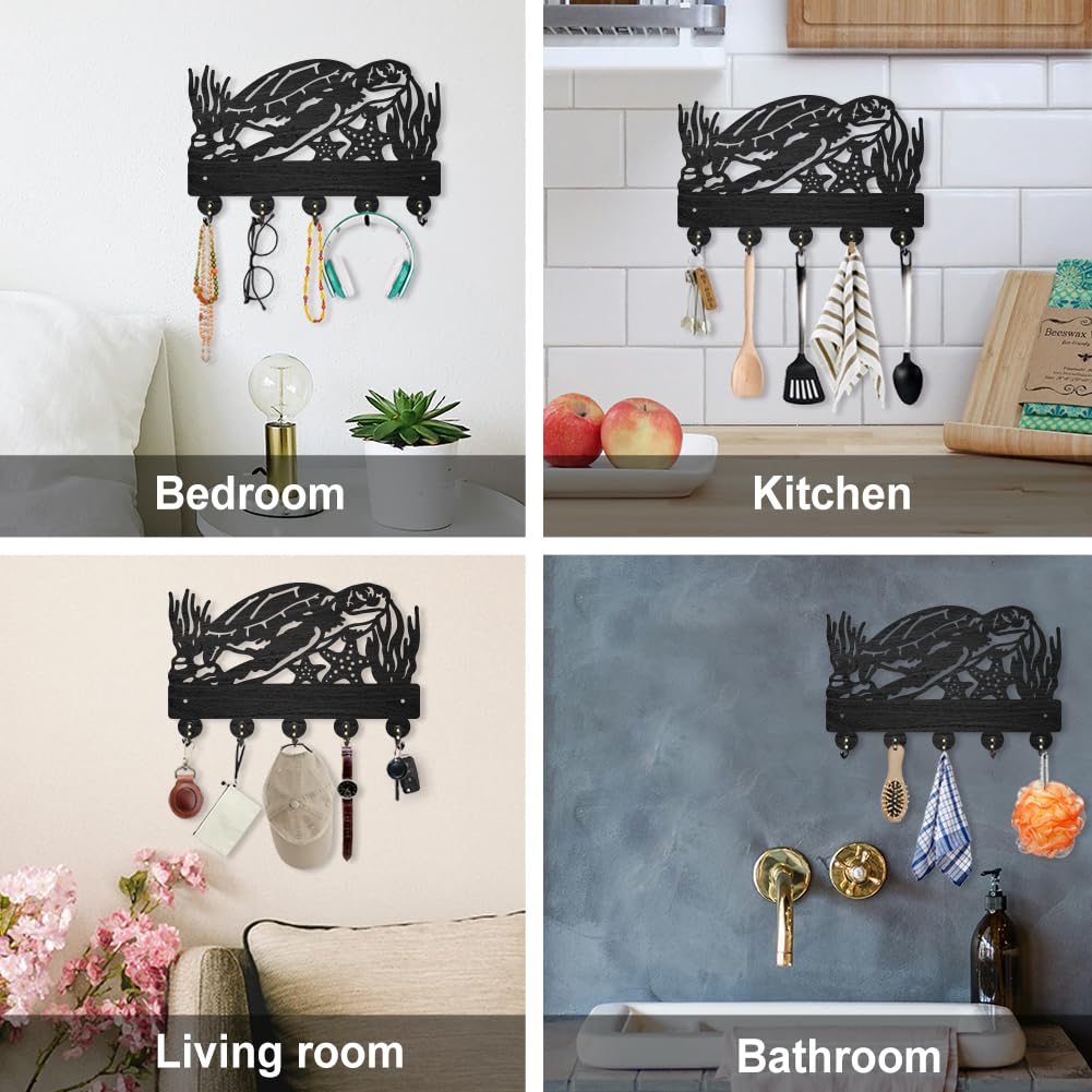 INFUNLY Ocean Theme Key Holder with 5 Key Hooks Black Wall Mounted Key Hangers Turtle Key Hangers Wood Key Rack for Home Decor Hallway, Entryway, Bedroom, Mudroom, Office 11.8inchx7.6inch